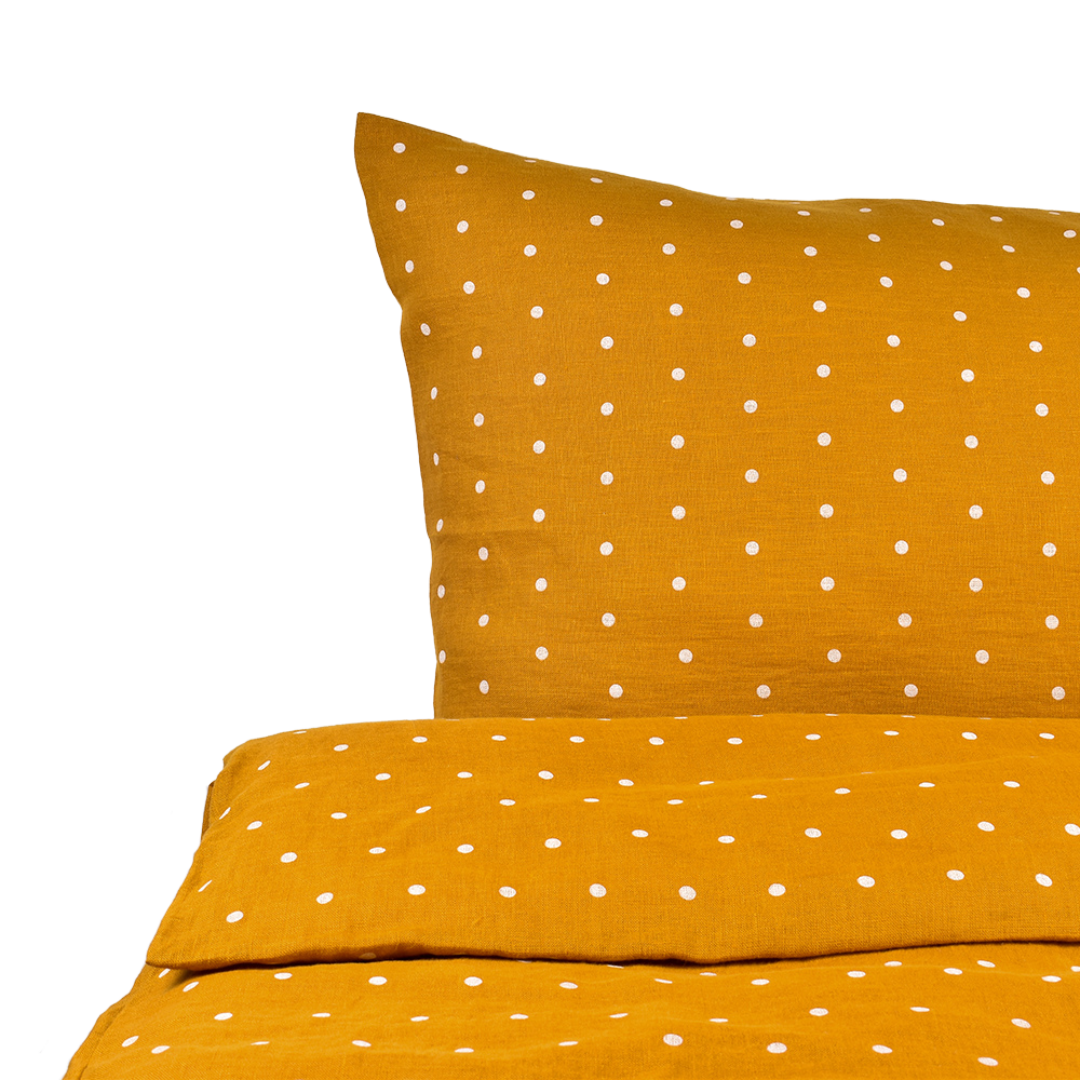Dotted, mustard colour washed linen bed set, 140X200; 50X70 cm | Linen ...